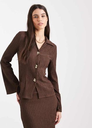 4th & Reckless Top manches longues densemble &agrave; col et boutons dor&eacute;s en tissu textur&eacute; &agrave; nervures - Chocolat-Brown