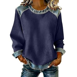 Generic Sweat-shirts pour femme sans capuche vintage en tricot gaufr&eacute; denim patchwork sweatshirts surdimensionn&eacute;s &agrave; col rond pulls de couleurs blocs de couleu