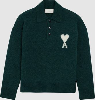 Ami Pull Polo Ami De Coeur Vert Bouteille Ecru