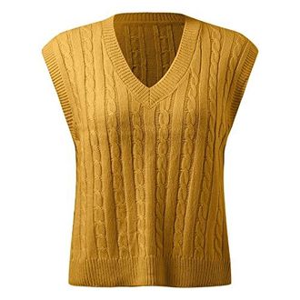 Generic Gilet tricoté pour femme - Imprimé décontracté - Sans manches - Col en V - Tricot côtelé - Pour entraînement quotidien en intérieur, jaune, L