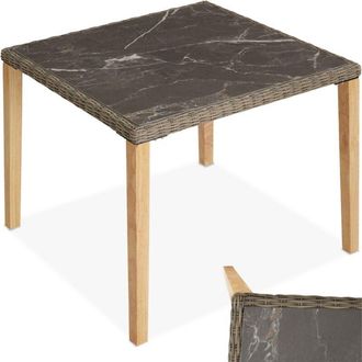 TecTake Tectake - Table en rotin avec cadre en aluminium et bois 93,5 x 93,5 x 75 cm