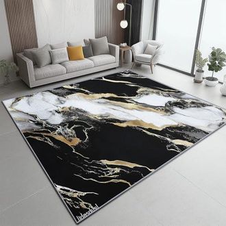 Generic Tapis Motif marbre Luxe Haut de Gamme Tapis de Salon Doux à Poils Courts Motif Noir, Or et Blanc Antidérapant Intérieur Moelleux pour Salon Chambre 16