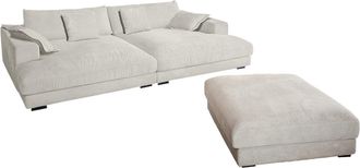 KAWOLA Big Sofa Madeline Cord cremewei&szlig; mit Hocker und 4 Zierkissen