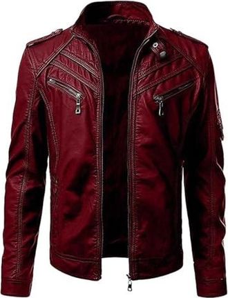 Generic Veste en similicuir pour homme avec fermeture éclair intégrale et manches longues, col à revers classique et poches, coupe ajustée, confortable, vêtem