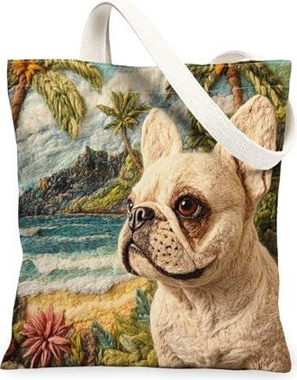 Generic Sac fourre-tout fantaisie en toile motif bouledogue fran&ccedil;ais 33 x 38 cm, sac d&eacute;picerie r&eacute;utilisable pour femme, peinture danimaux domestiques, d&eacute;corat