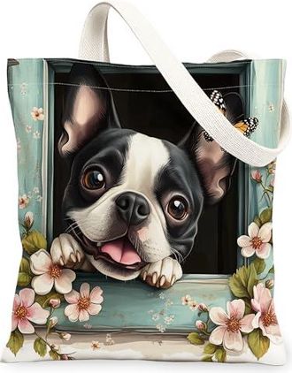Generic Sac fourre-tout en toile motif chien terrier de Boston pour faire du shopping 33 x 38,1 cm, sac &agrave; bandouli&egrave;re r&eacute;utilisable pour femme, peinture danima