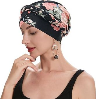 ZLYC Chemo Headwear Turban pré-noué léger pour Femme, Tresse Floral Rose Noir, Taille Unique