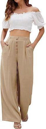 Generic Pantalon Leger Ete Femme L&eacute;ger Fluide Lin Pantalon &Agrave; Boucle Taille Haute en Lin pour Femme avec Poches &Eacute;l&eacute;gantes et Large D&eacute;contract&eacute; &Agrave; La &Eacute;l&eacute;gant Ens