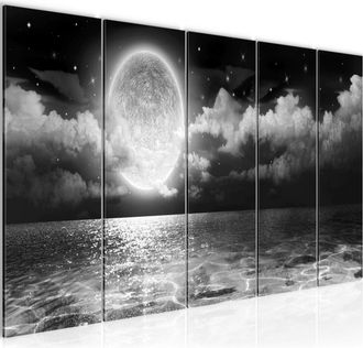Runa Art Wandbild XXL Vollmond Meer Wohnzimmer Schlafzimmer 200 x 80 cm Schwarz Weiss 5 Teilig - Made in Germany - 025355c