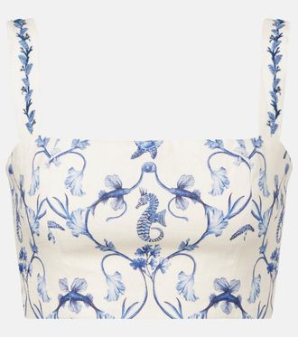 Agua Bendita Top raccourci Cacao en lin à fleurs