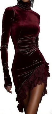 Generic 2026 Mini robe ajust&eacute;e &eacute;l&eacute;gante en velours &agrave; col roul&eacute; avec ourlet en dentelle pour femme, bordeaux, XXL