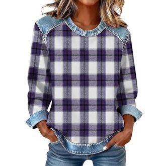 Generic Sweats pour femme sans capuche tendance vintage patchwork en denim sweatshirt printemps sortie tops couture plaid denim chemise habill&eacute;e d&eacute;contract&eacute;e 