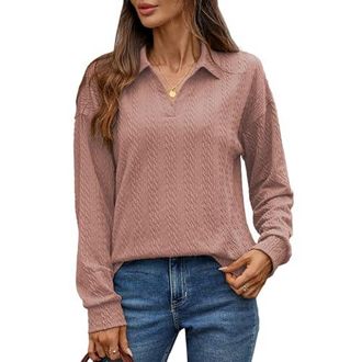 Generic Femmes Printemps Automne Revers Pull Sweatshirt Col V Sport T-Shirt Respirant Pulls Mode Polo Shirts Casual Loose Top, rose, XXL