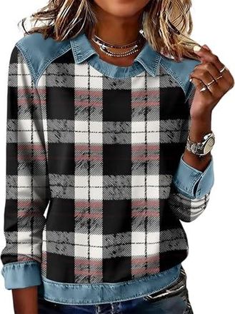 Generic Sweat-shirt l&eacute;ger &agrave; col en denim patchwork pour femme - Style r&eacute;tro - Streetwear - Pour la Saint Patrick, blanc, XXL