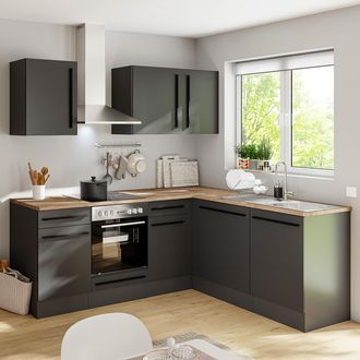 Casa home24 Eck-K&uuml;chenzeile 220cm Schwarz/Matt Schwarz ohne Elektroger&auml;te