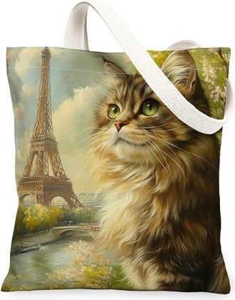 Generic Sac fourre-tout en toile motif chats sib&eacute;riens printaniers 33 x 38 cm, tours romantiques, sac d&eacute;picerie r&eacute;utilisable pour femme, motif animal de compa