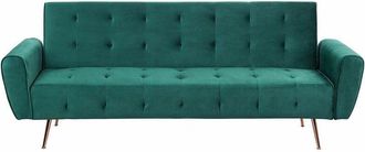 Beliani 3-Sitzer Sofa Smaragdgrün Samt Gesteppt mit Schlaffunktion Hohe Schlanke Metallfüße Breite Armlehnen Retro-Stil Schlafsofa Sofabett Wohnzimmer