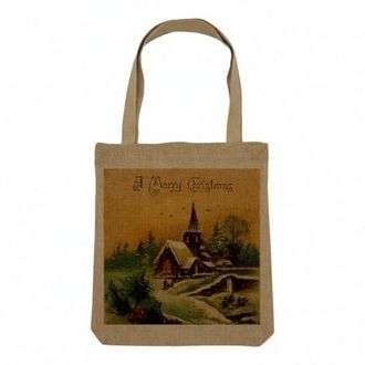 Fabulous Sac Shopping Tote Bag Aspect Lin - Merry Christmas Peinture Vintage Noel Houx Neige - Sac de Courses Toile Epaisse 360g Beige Naturel Cabas Port&eacute; Epau
