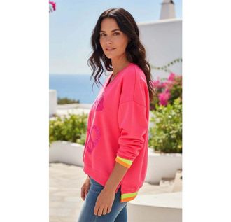 Miss Goodlife Sweatshirt V-Neck MG14016 Cherry Peace mit Strass-Applikation-Neonpink