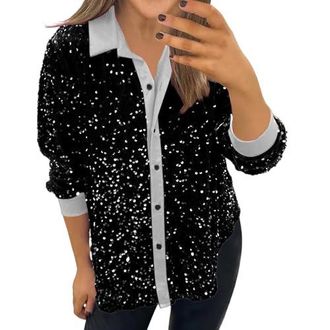 Generic Chemise &agrave; paillettes pour femme - Haut de No&euml;l scintillant - Coupe ample - Chemisier d&eacute;contract&eacute; boutonn&eacute; - T-shirt basique &agrave; paillettes tendance pour