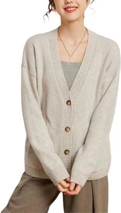 Generic Cardigan &agrave; col en V pour femme 100 % cachemire pull ample en tricot r&eacute;tro poches v&ecirc;tements dext&eacute;rieur, Gris/blanc., Taille Unique
