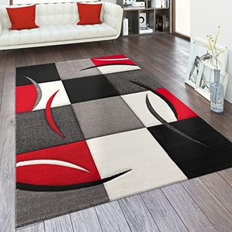 Paco Home Tapis De Salon en Diff. Coloris Et Tailles Motif Carreaux Rayures Design 3D Poils Ras, Dimension:120x170 cm, Couleur:Rouge