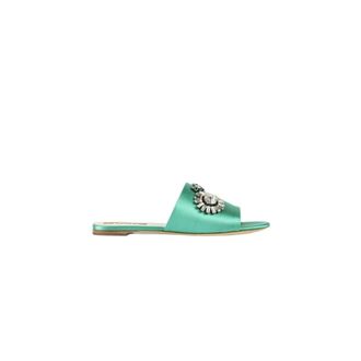 Rochas Femme, Chaussures, Vert, Taille: 41 EU Sandales Plates en Satin Vert avec Bijou