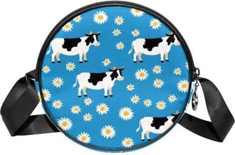 Generic Sac &agrave; bandouli&egrave;re rond pour femme, motif vache et marguerites, avec fermeture &eacute;clair, bretelles r&eacute;glables, style d&eacute;contract&eacute;, pour femmes et filles