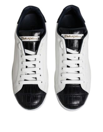 Dolce & Gabbana Mens Portofino Sneaker White Calfskin Crocodile Leather