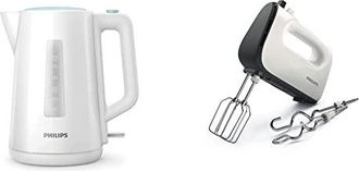 Philips HD9318/00 Wasserkocher Serie 3000, 1,7l, Federdeckel, LED-Anzeige, Kunststoff, weiß & HR3741/00 Handmixer (450 Watt, 5 Geschwindigkeiten plus Turbo) w