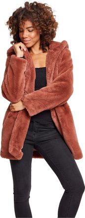 Urban Classics Ladies Hooded Teddy Coat aus Fake Kaninchenfell, Damen Mantel mit Kapuze und Seitentaschen, darkrose, 3XL
