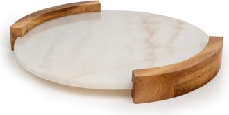Bredemeijer großes rundes Serviertablett Ø 35 cm - Tablett aus Marmor mit 2 seitlichen Holzgriffen - ideal zum Servieren von Getränken und Snacks