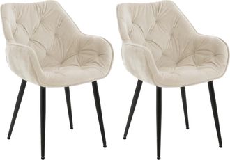 Clp 2er Set Stuhl Tanna Samt I Esszimmerstuhl Mit Armlehne I Gesteppter Polsterstuhl, Farbe:Creme