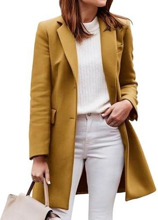 Generic Long Pea Coat for Women Wool Blend Long Winter Coats Single Breasted Trench Coat Casual Classic Fall Winter Outwear Yellow Small