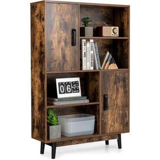 Costway Costway - B&uuml;cherschrank mit 2 T&uuml;ren und 4 offene Regale, B&uuml;cherregal Holz, Standregal Holzregal Aufbewahrungsregal f&uuml;r Wohnzimmer, Arbeitszimmer