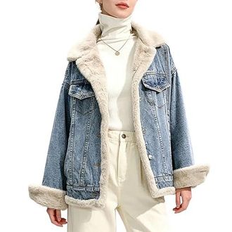Generic Veste en jean pour femme avec doublure en polaire - Coupe ample - Manches longues - Boutonn&eacute;e, bleu, XXL