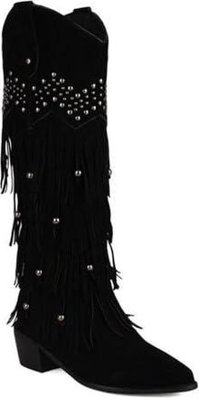 Generic Bottes déquitation vintage pour femme avec franges et rivets décoratifs, larges mollets à enfiler, chaussures habillées décontractées, Noir, 37.5 EU