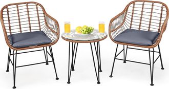 Giantex Giantex 3-teiliges Rattan-Gartenmöbel-Set mit rundem Tisch und 2 Sessel mit Kissen für Terrasse, Garten, Balkon
