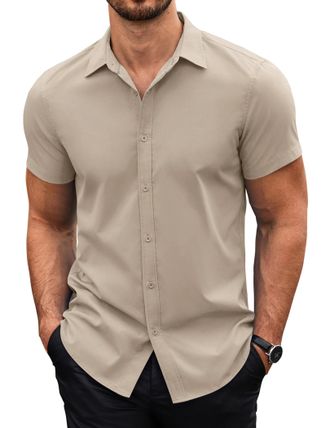 Coofandy Herren Hemd Kurzarm Freizeithemd B&uuml;gelleichte Businesshemd Sommerhemd Regular Fit Kurzarmhemd Basic Shirt Beige XL