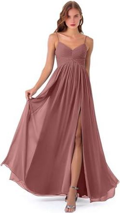 Generic Robe de demoiselle dhonneur en mousseline de soie avec poches et bretelles spaghetti et col en V avec fente, Rose désert, 50 Grande taille