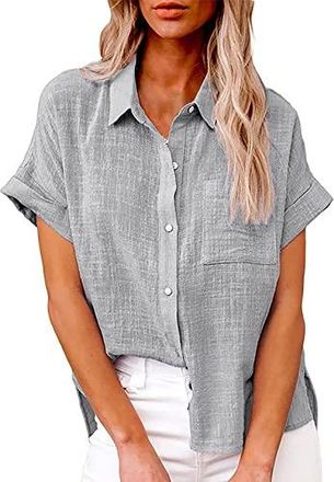 Generic Chemise en lin pour femme - &Eacute;t&eacute; - Plage - Chemisier en lin &agrave; manches courtes - Pour femme - Avec poches - T-shirt ample - L&eacute;ger - En mousseline - Gran