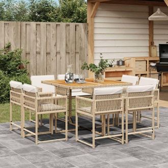vidaXL Vidaxl - Ensemble table et chaises de jardin 9 pcs - R&eacute;sine tress&eacute;e beige - Chaises avec accoudoirs rabattables - Coussins &eacute;pais confortables