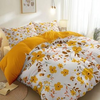 Generic Housse de Couette Set 3 pi&egrave;ces Jaune - Microfibre Douce Respirante Vintage &Eacute;l&eacute;gant Fleurs 3D Imprim&eacute;e avec Fermeture &Eacute;clair pour Enfants Adolescents A
