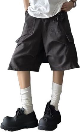 ORANDESIGNE Shorts en Jean Baggy pour Homme Hip Hop Zippé Jeans Shorts Ample à Jambe Large Décontracté avec Poches Streetwear E Gris Foncé S