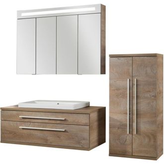 Fackelmann stanford Badm&ouml;bel Set 4-teilig, 110 cm breit, Braun, Keramik+Spiegelschrank+Midischrank-90336145