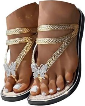 Minetom Sandales Femme Été Confortable Tong avec Fleurs Strass Boho Chaussures pour Plage Plate Bout Ouvert Claquette Flip Flop D Or 39 EU