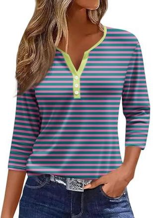 Generic HUIFUAO T-Shirts pour Femmes, T-Shirts dété à Boutons avec col en V et Manches 3/4 pour Femmes, Haut rayé de Couleur, t-Shirt dété Basique pour Femme,