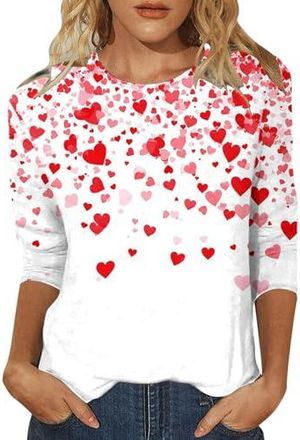 Generic T-shirt tendance &agrave; manches 3/4 pour femme avec imprim&eacute; coeur et &eacute;l&eacute;gant pour la Saint-Valentin 2026, blanc, M