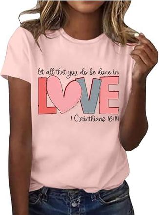 Generic T-shirt d&eacute;contract&eacute; &agrave; manches courtes et col rond imprim&eacute; coeur pour femme 2026 Saint-Valentin, rose, 3XL