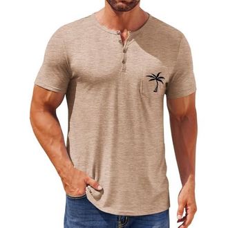 Generic T-shirt d&eacute;t&eacute; d&eacute;contract&eacute; &agrave; manches courtes pour homme avec 4 boutons &eacute;l&eacute;gant pour la mode Border, beige, 3XL